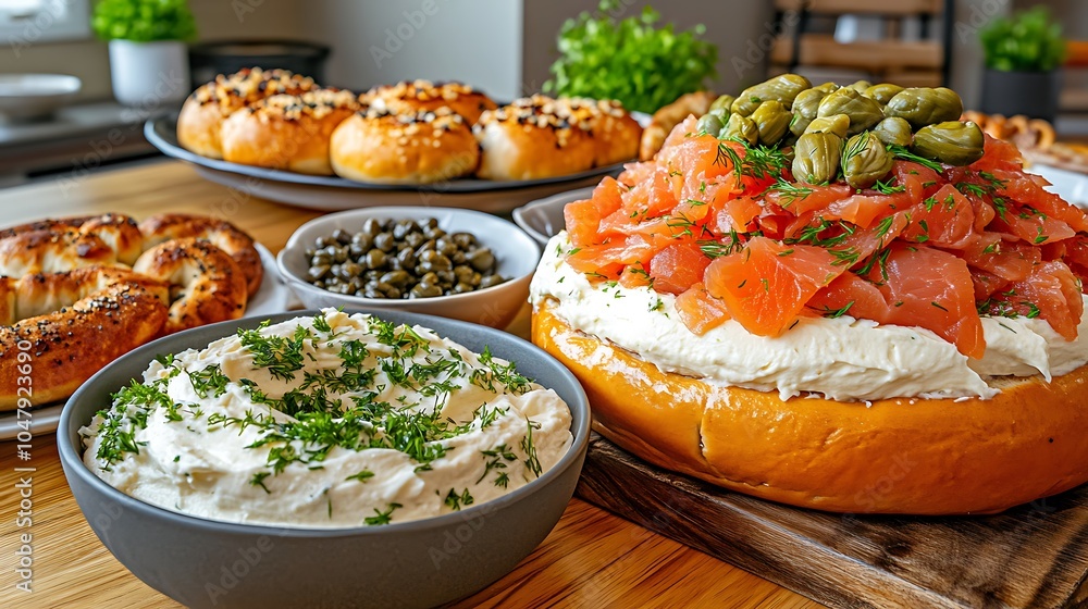 Cream cheese spread on sliced bagels, topped with lox, capers, and dill ...