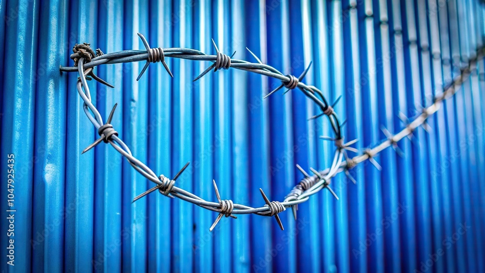 Spiral barbed wire on a blue metal fence creating an insurmountable ...