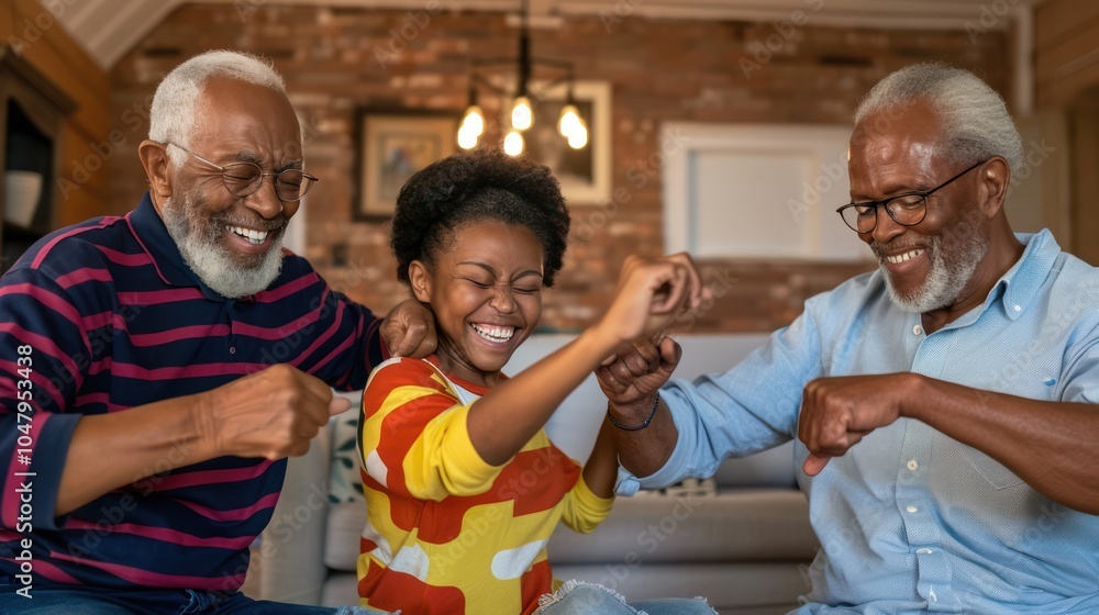 Multi-Generational Fun: Senior Parents and Adult Children Dancing in Living Room, Enjoying Time ...