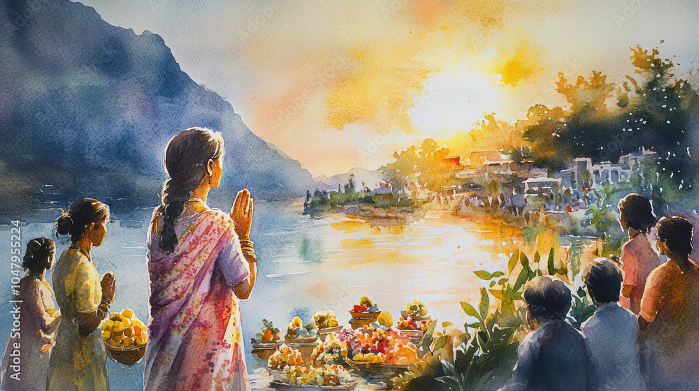 Chhath Puja, illustration of a woman praying by the river, the sun ...