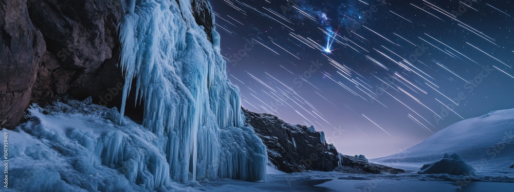 An awe-inspiring perspective of a high-altitude ice cliff with towering ...