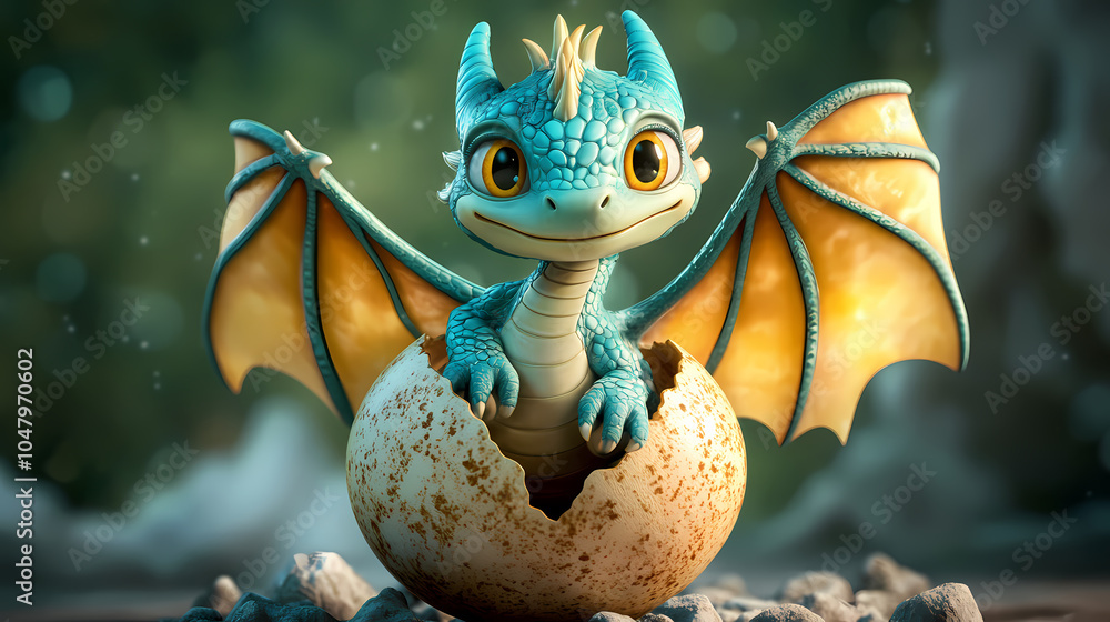 Colorful 3d cartoon dragon hatching from a large egg, with oversized ...