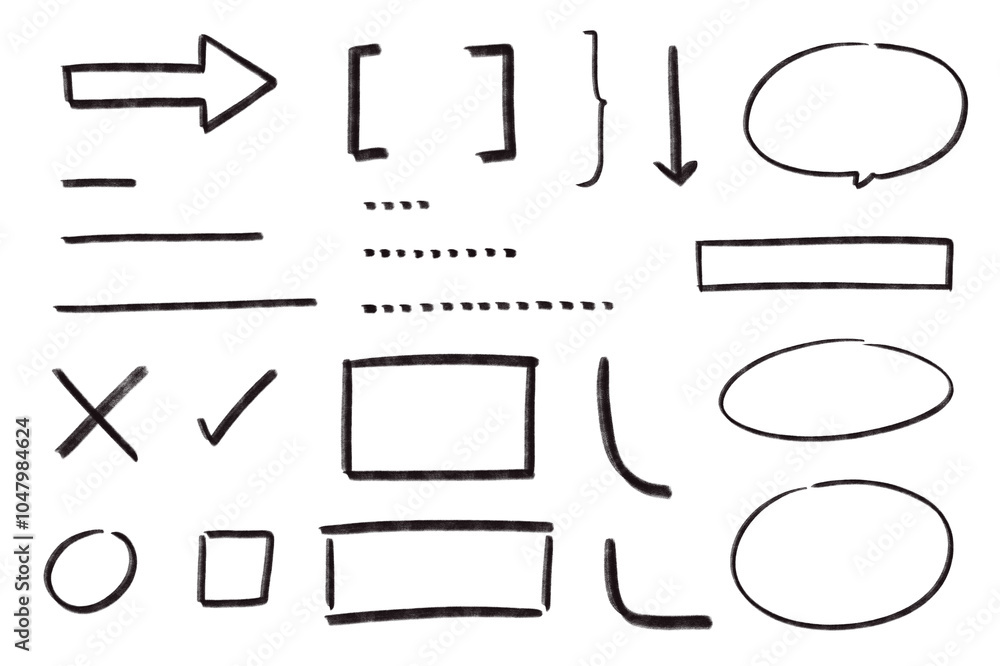 Boxes, circles, arrows and line art set2: Hand-drawn illustration of ...