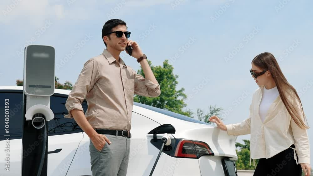 Slow motion couple recharge EV car battery at charging station ...