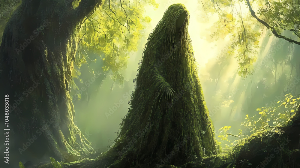 Amidst the verdant embrace of the forest, a moss-draped effigy of a ...