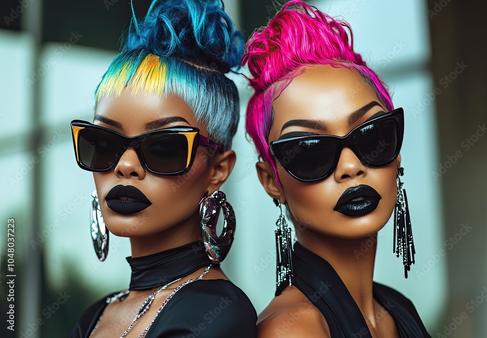 Two Black women with short hair, one has a multicolored punk-style look ...