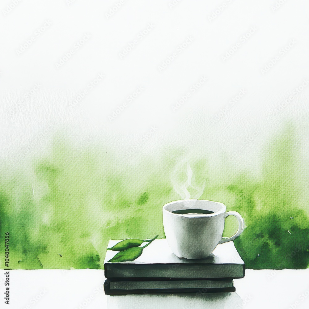 Watercolor painting of a steaming cup of tea on a stack of books. Stock ...