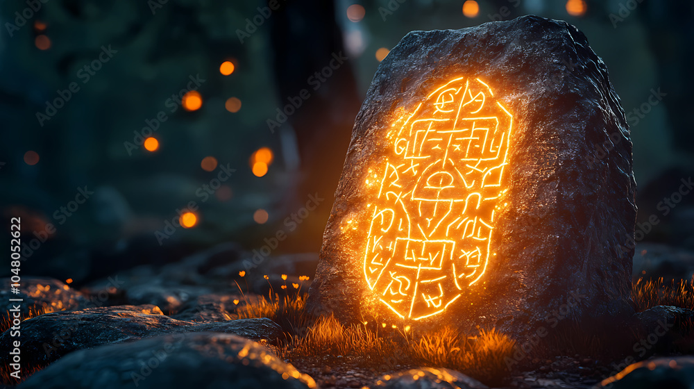 Glowing viking rune stone with ancient inscriptions and symbols ...