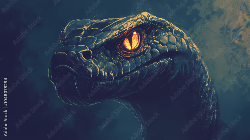 Sinister basilisk-inspired monster head illustration, poised to strike ...