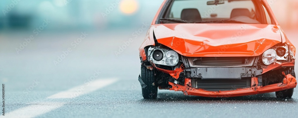 Damaged red car on the road with visible dent marks and scratches ...