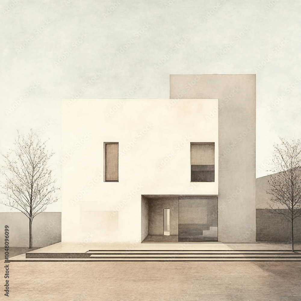 Architectural Drawing of a Modern Two-Story Square House with Flat Roof ...