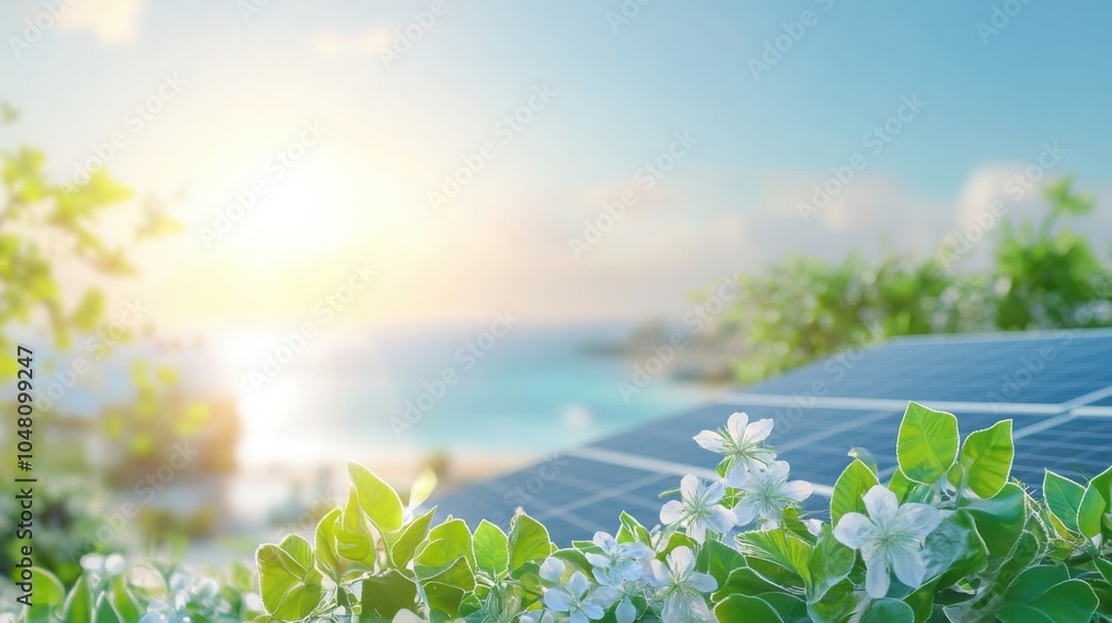 Solar panels bask in the golden glow of sunset, highlighting the ...