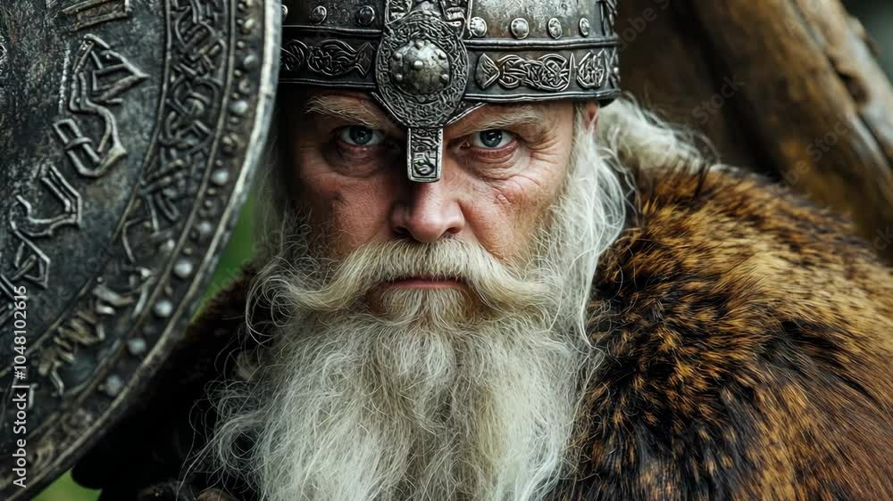 A close-up portrait of a Viking warrior, with a long, white beard ...