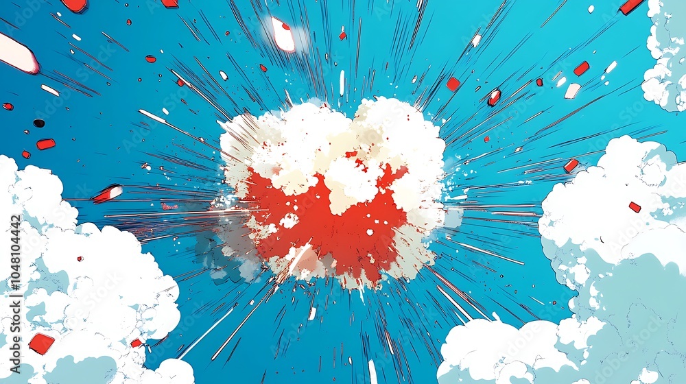 Abstract illustration of a red explosion with white clouds in a blue ...