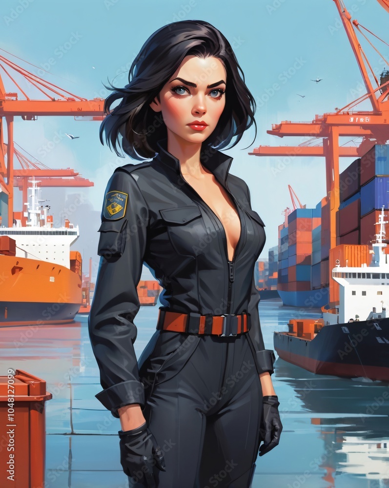 Female Port Authority Officer in Front of Cargo Ships and Cranes Stock ...
