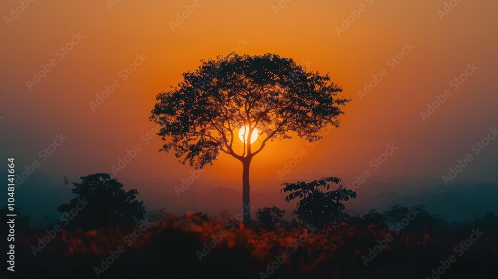 Sunset behind a solitary tree in a glowing field. Background image of ...