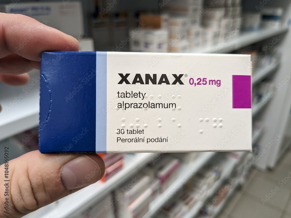 Prague, Czech Republic - June 28, 2024: XANAX box of medication with ...