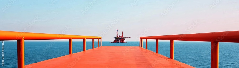 Helipad view of an oil drilling platform, bright red structure ...