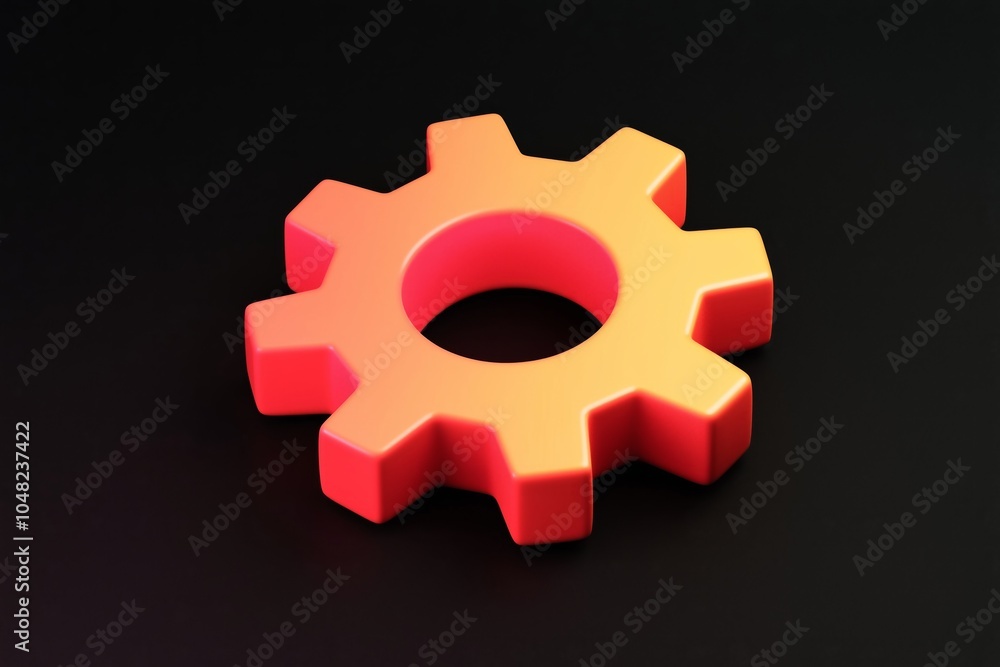Bright orange gear with a circular center, resting on a dark background ...