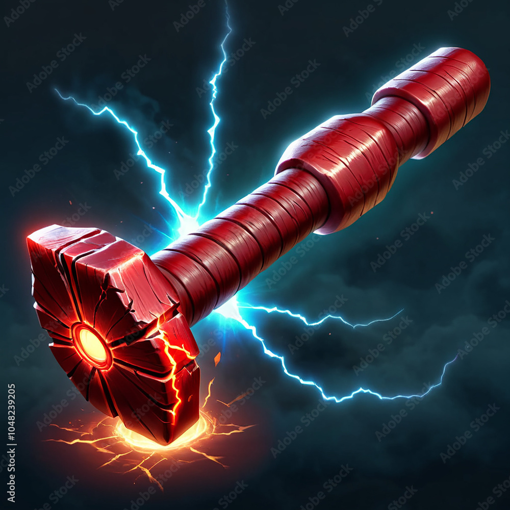 A red stone hammer with a wooden handle is striking the ground ...