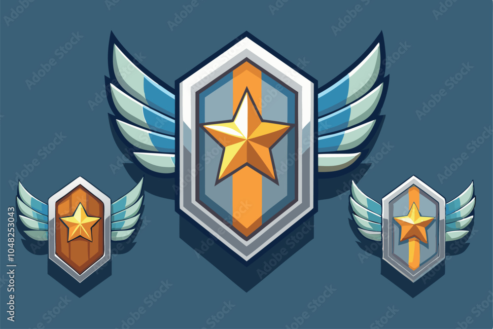 Set of Rank Insignia Badges Silver Hexagon Shields with Stars and Wings ...