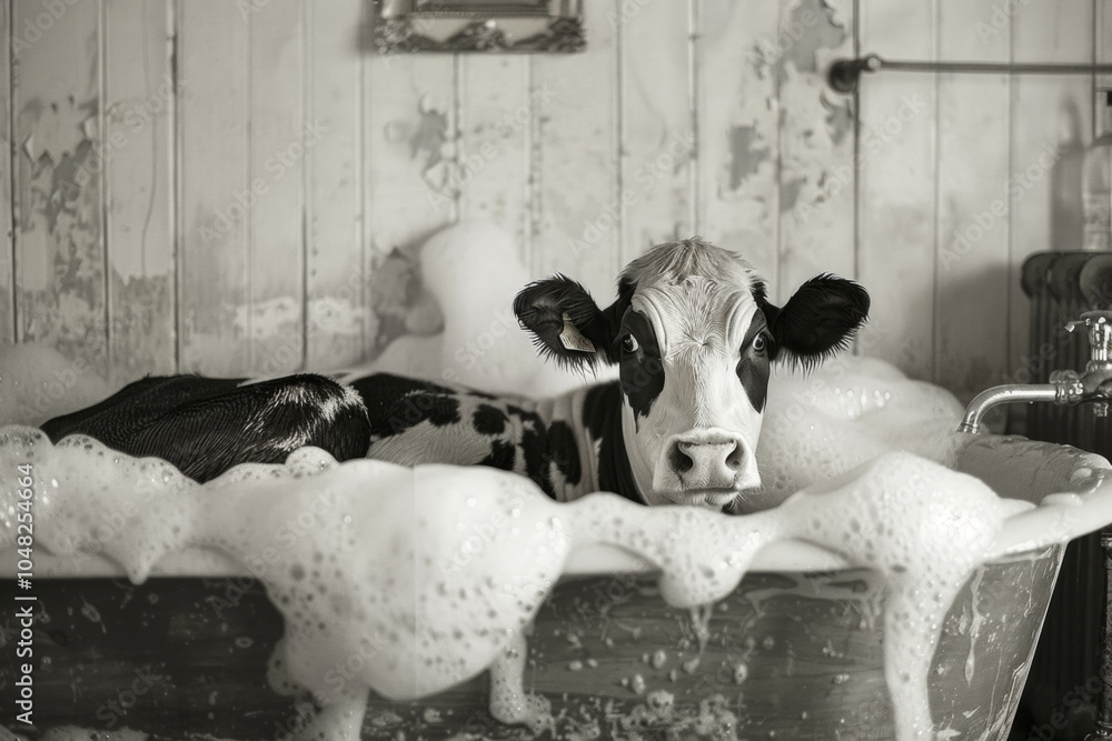Playful Cow Relaxing in a Vintage Bathtub Surrounded by Bubbles and ...