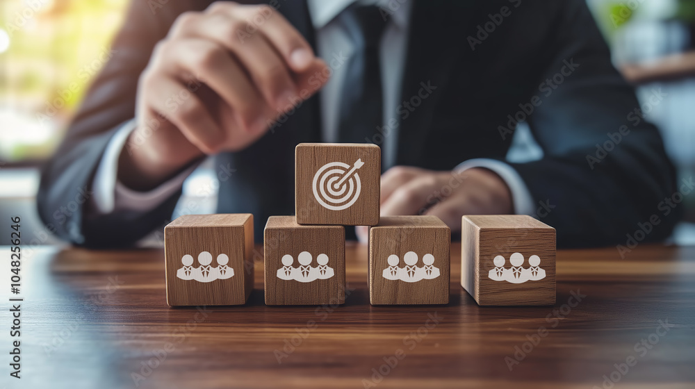 Common goal and collaboration. Stacked wooden blocks with icons of ...