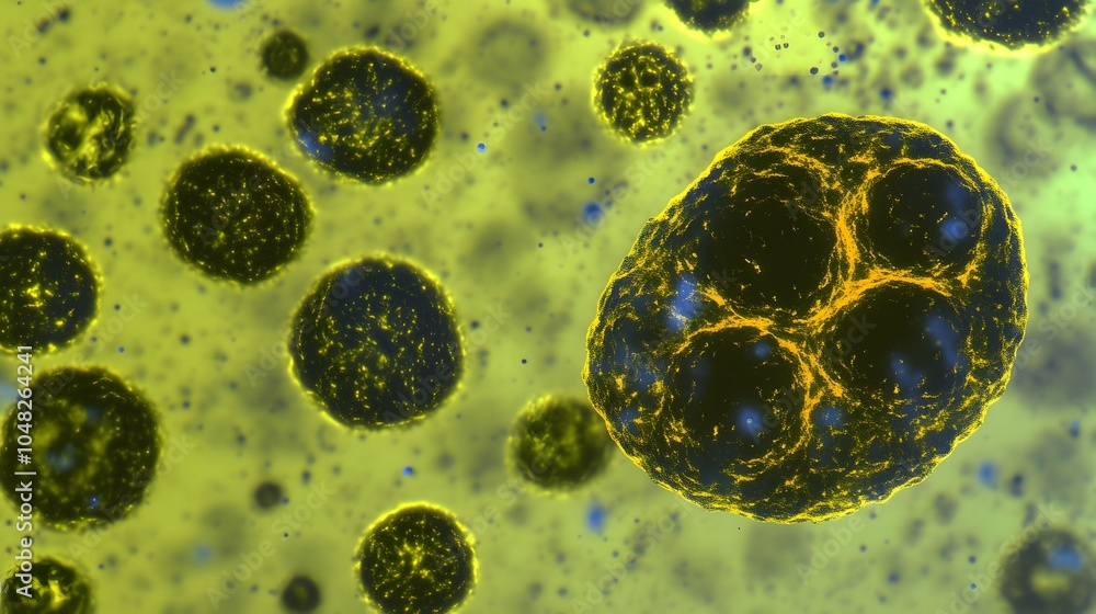 Microscopic view of a cell undergoing apoptosis, nucleus shrinking and ...