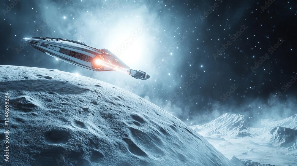 Futuristic spaceship crossing paths with a comet, interacting with its ...