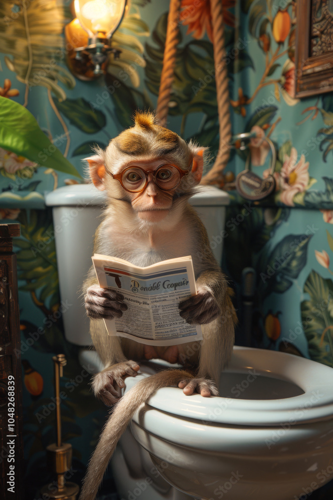 Whimsical Scene of a Monkey Reading a Newspaper on the Toilet in a ...