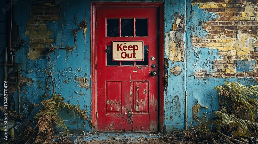 High-Quality Photograph of a Red Door with a Keep Out Sign for Safety ...