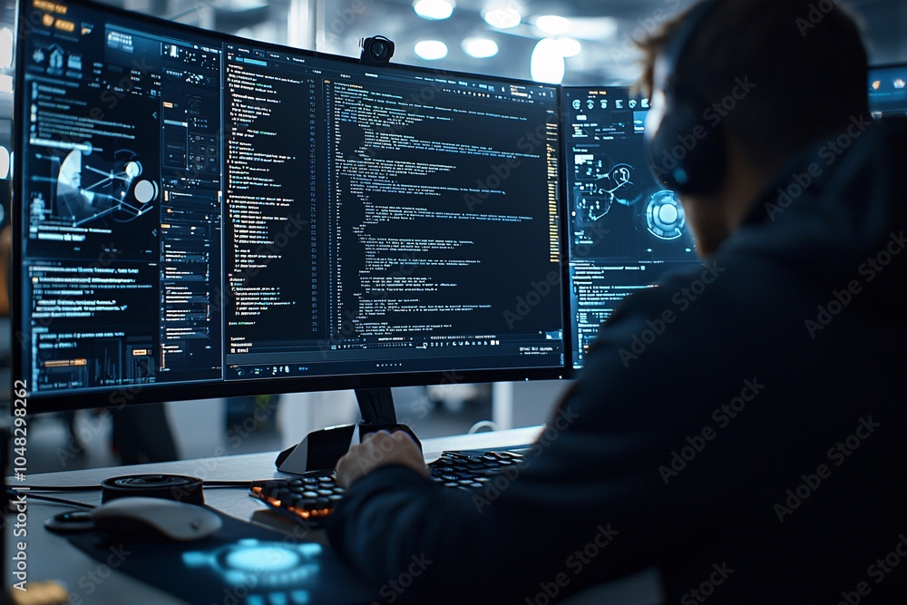 Programmer integrating API with website on a dual monitor setup ... Programmer integrating API with website on a dual monitor setup ...