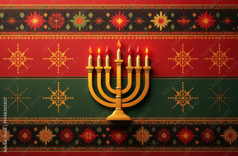 Vibrant Kwanzaa display with colorful candles in a kinara on a richly ...