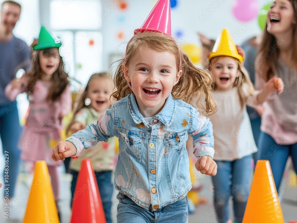 Happy Kids Running Obstacle Course at Birthday Party with Cones and ...