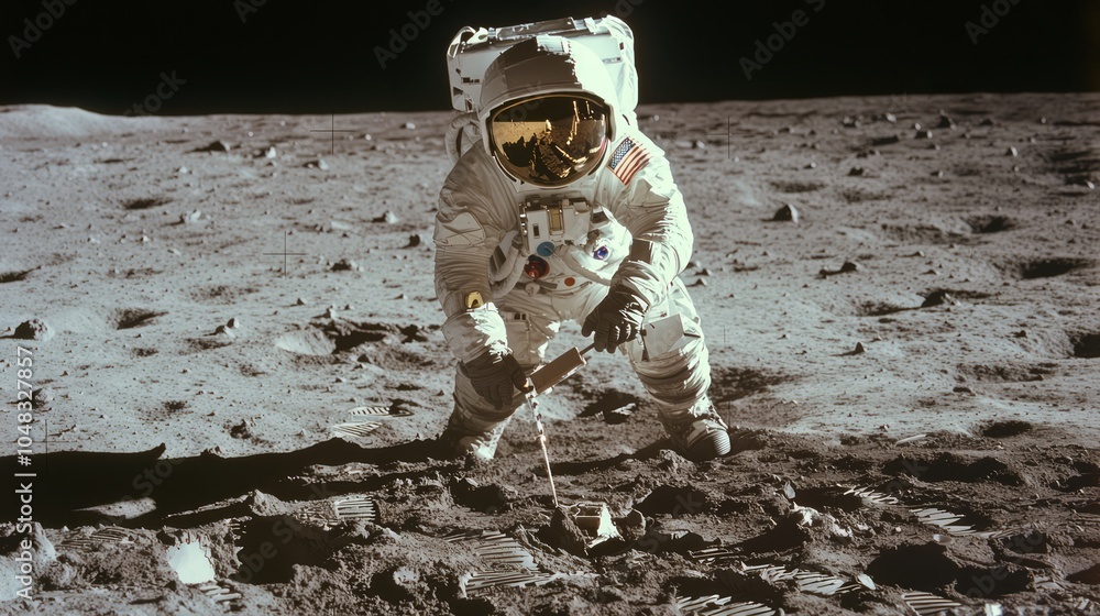 Exploring Lunar History - Astronaut Collecting Samples from Crater with ...