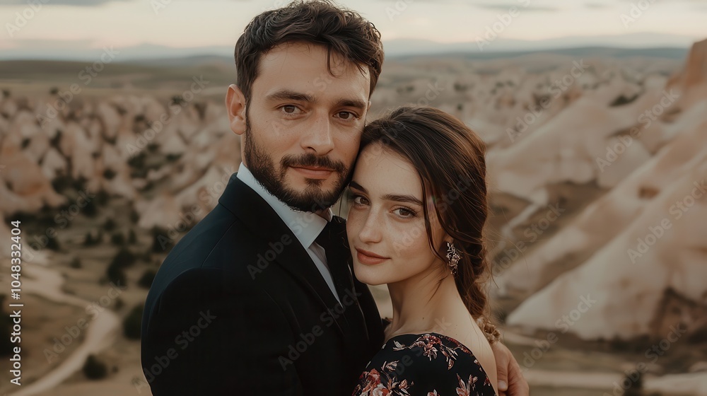 Portrait of a young and happy Turkish couple are standing in front of a ...