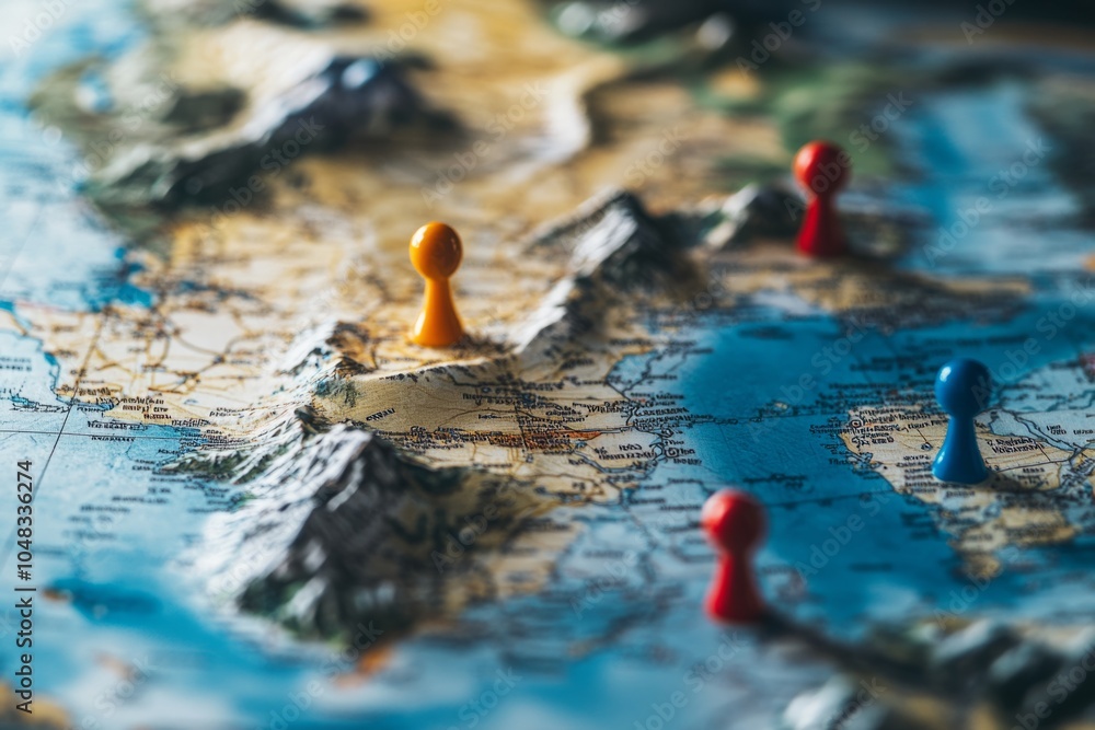 Colorful game pieces gather over a detailed world map. Each piece ...