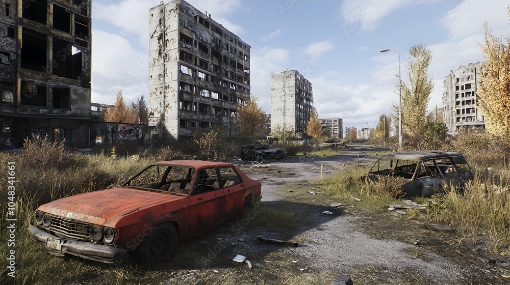 Eerie post apocalyptic cityscape with crumbling buildings overgrown vegetation and rusting ...