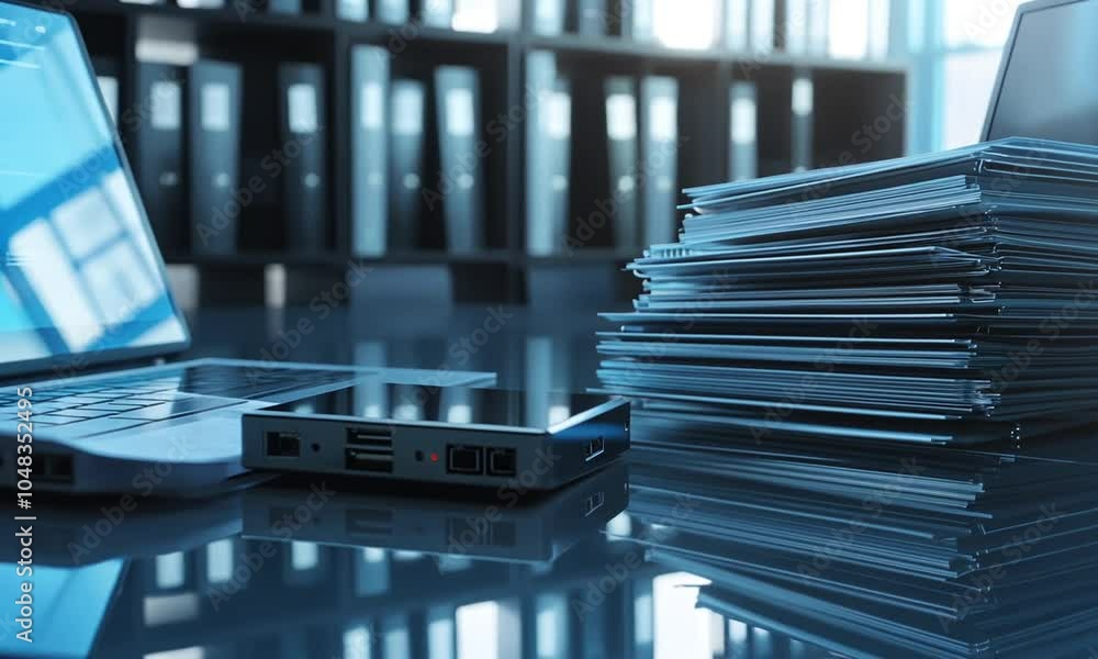 A laptop beside a stack of documents and an external drive in a modern ...