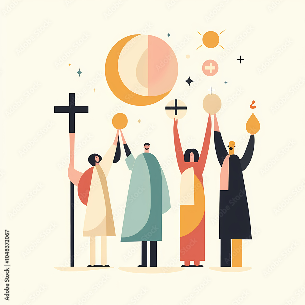 People holding up symbols of different religious and philosophical ...
