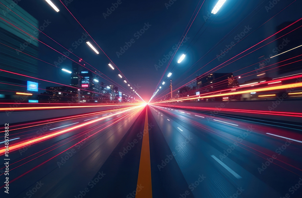 Digital data flow on the road with motion blur to create a vision of ...