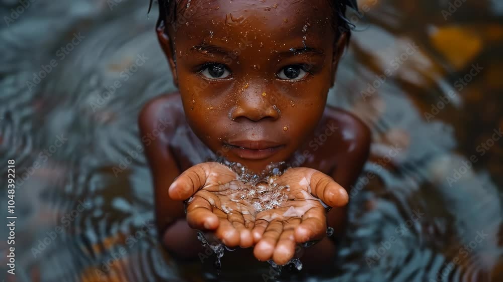 Close up hands of African child in a poor neighborhood with a water ...