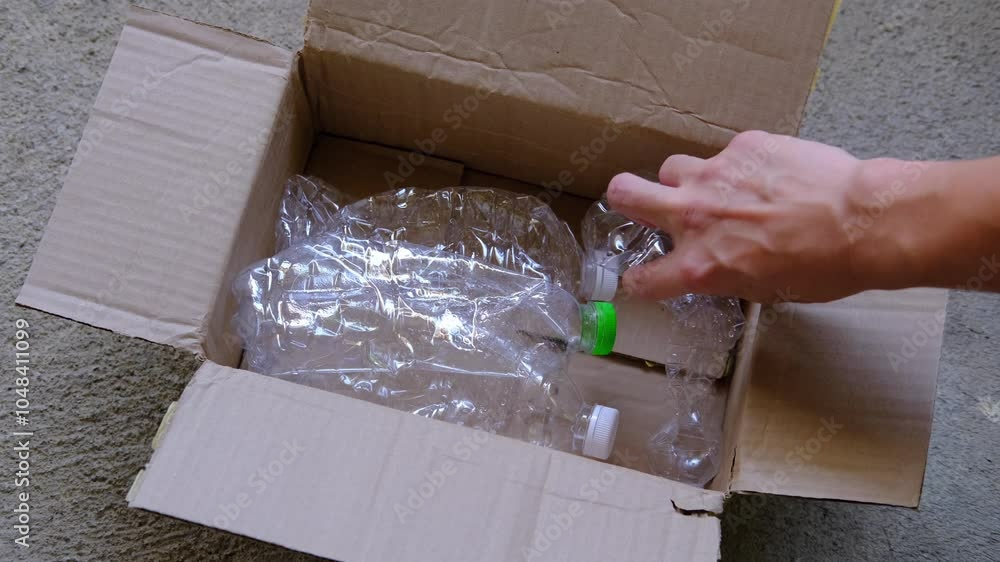 A close-up shot of a human hand placing crumpled plastic bottles into a ...