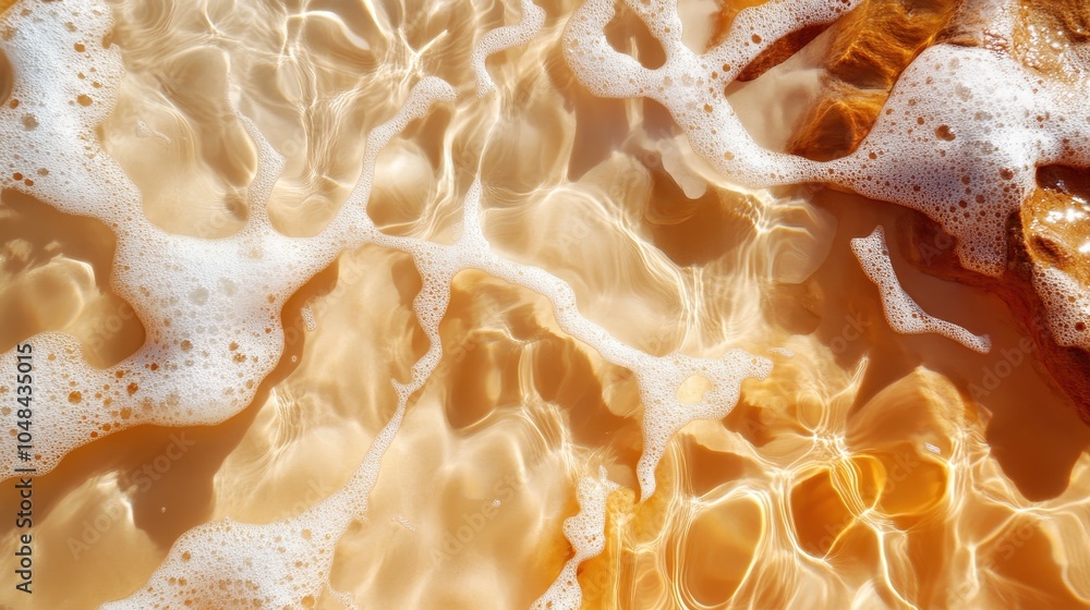 Foamy waves lap the sun-drenched beach, casting lively patterns on the ...