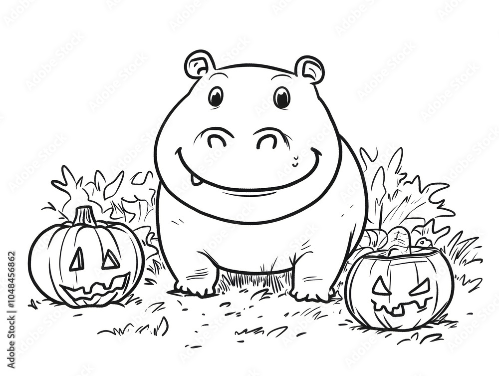 Cute Baby Pygmy Hippo Among Halloween Pumpkins. Coloring Pages for Kids ...