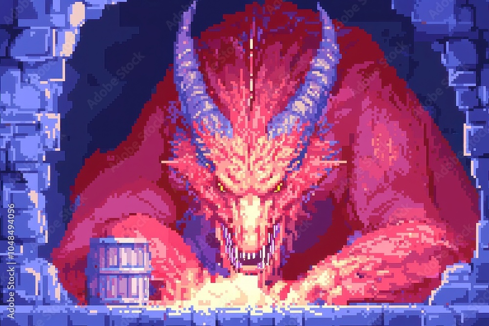 Epic pixel art boss room featuring a colossal dragon or demon, vibrant ...