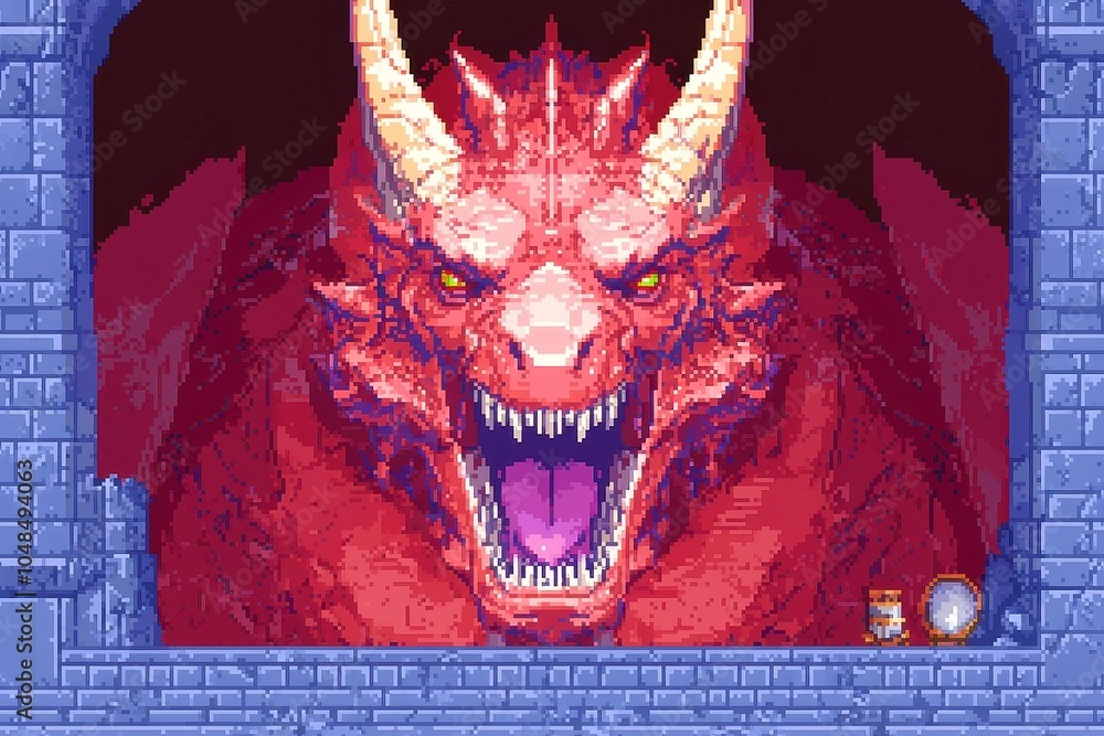 Epic boss chamber featuring a colossal pixelated dragon, intricate ...