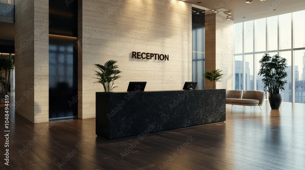 Luxury hotel reception desk with welcoming professional receptionist at ...