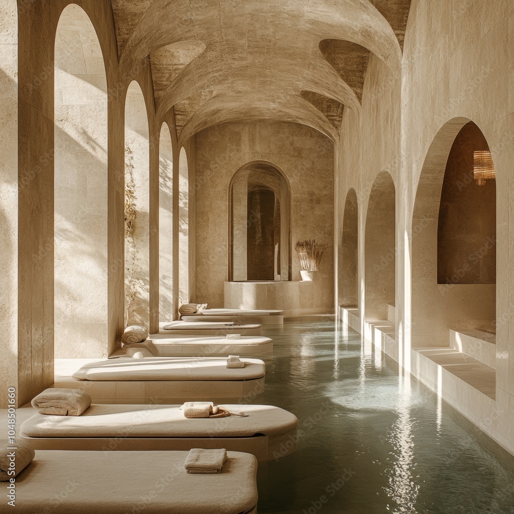 A long, narrow indoor pool with arched ceilings and windows, lined with ...