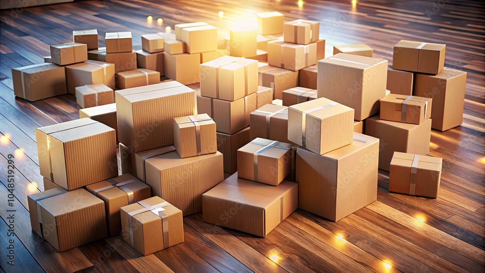 Bird's-eye view of organized cardboard boxes on laminate flooring ...